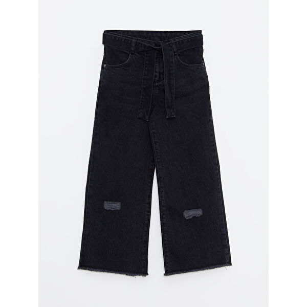 Yırtık Detaylı Geniş Paça Kız Çocuk Jean Pantolon