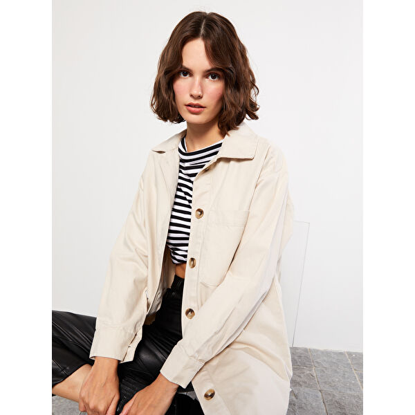Düz Uzun Kollu Oversize Gabardin Kadın Gömlek Ceket Düz Uzun Kollu Oversize Gabardin Kadın Gömlek Ceket