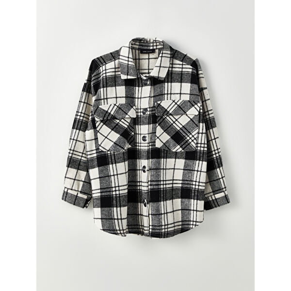 Önden Düğme Kapamalı Ekose Uzun Kollu Gabardin Kadın Gömlek Ceket