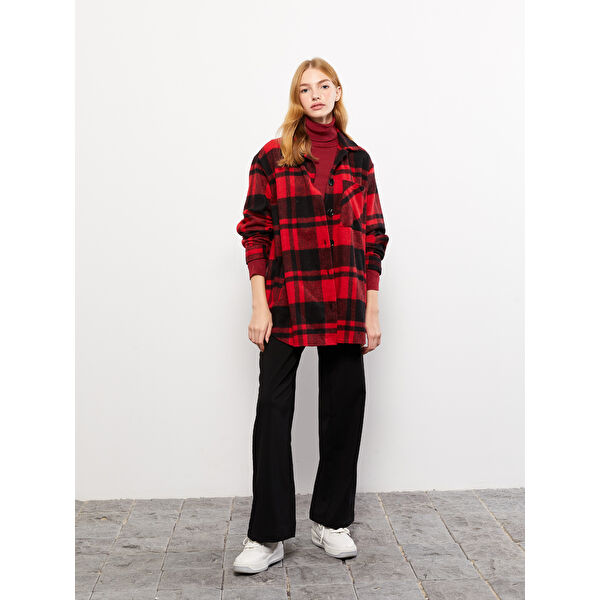 Önden Düğme Kapamalı Ekose Uzun Kollu Gabardin Kadın Gömlek Ceket