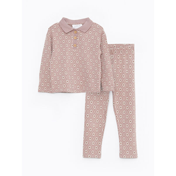 Polo Yaka Uzun Kollu Baskılı Kız Bebek Tişört ve Tayt 2'li Takım