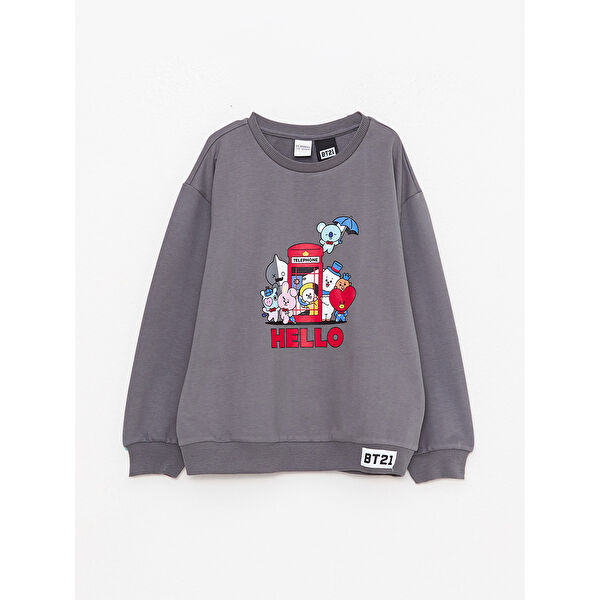 Bisiklet Yaka BT21 Baskılı Uzun Kollu Kız Çocuk Sweatshirt
