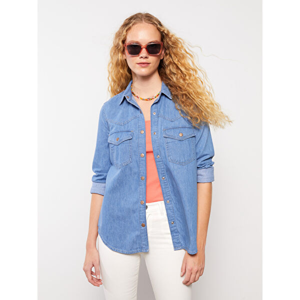 Önden Düğme Kapamalı Düz Uzun Kollu Kadın Jean Gömlek