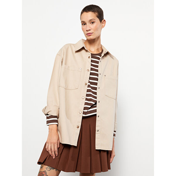 Düz Uzun Kollu Kadın Jean Gömlek Ceket