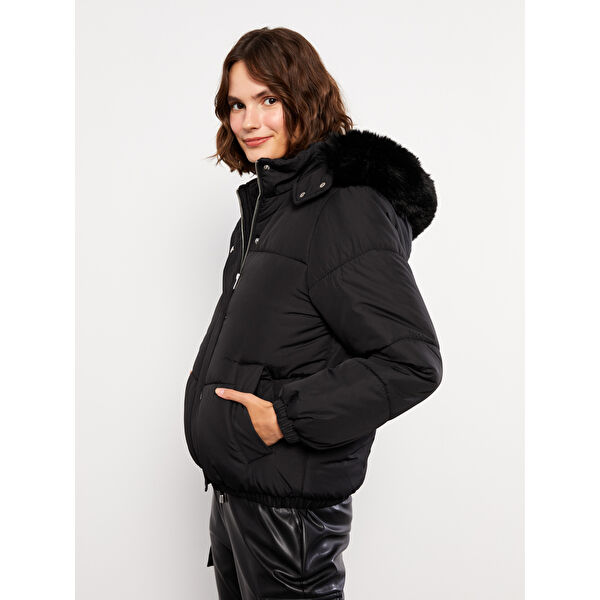 Kapüşonlu Düz Uzun Kollu Kadın Şişme Mont