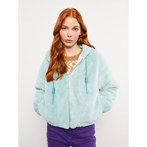 Kapüşonlu Düz Uzun Kollu Pelüş Kadın Mont