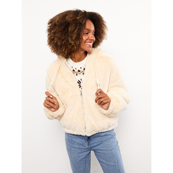 Kapüşonlu Düz Uzun Kollu Pelüş Kadın Mont