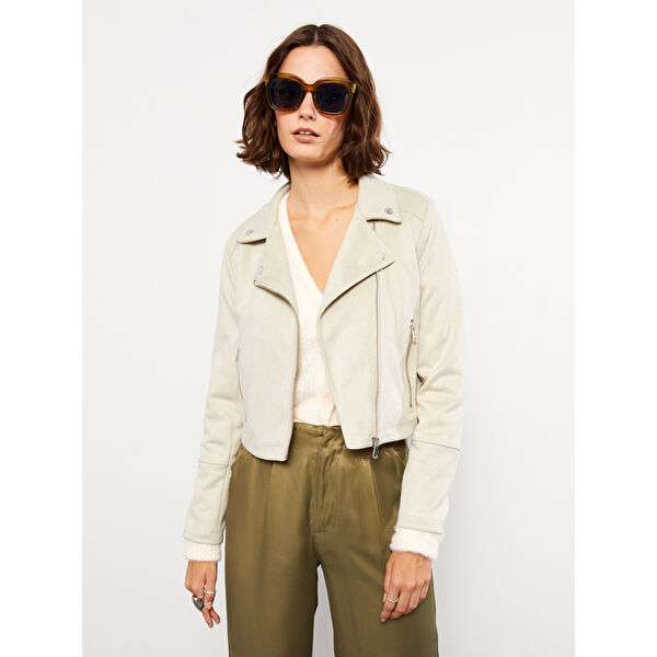 Biker Yaka Düz Uzun Kollu Kadın Deri Görünümlü Mont