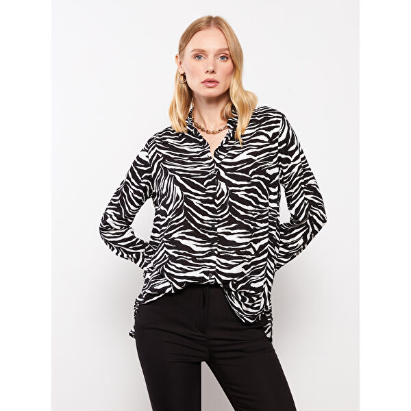 Önden Düğme Kapamalı Desenli Uzun Kollu Viskon Kadın Gömlek Önden Düğme Kapamalı Desenli Uzun Kollu Viskon Kadın Gömlek