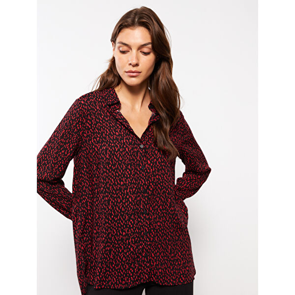 Önden Düğme Kapamalı Desenli Uzun Kollu Viskon Kadın Gömlek Önden Düğme Kapamalı Desenli Uzun Kollu Viskon Kadın Gömlek