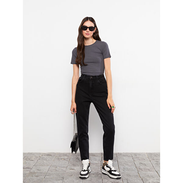 Yüksek Bel Mom Fit Düz Cep Detaylı Kadın Jean Pantolon