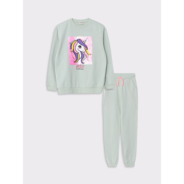 Bisiklet Yaka Baskılı Uzun Kollu Kız Çocuk Sweatshirt ve Eşofman Altı