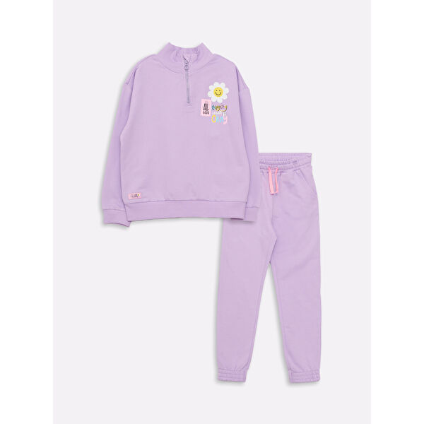 Dik Yaka Baskılı Uzun Kollu Kız Çocuk Sweatshirt ve Eşofman Altı