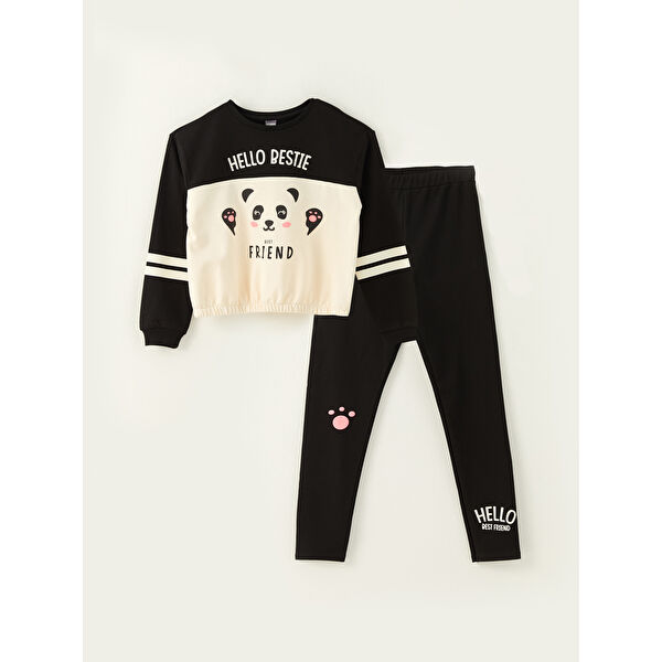 Bisiklet Yaka Baskılı Uzun Kollu Kız Çocuk Sweatshirt ve Tayt