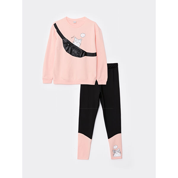 Bisiklet Yaka Baskılı Uzun Kollu Kız Çocuk Sweatshirt ve Tayt