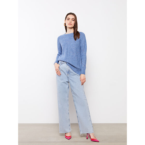 Bisiklet Yaka Kendinden Desenli Uzun Kollu Kadın Triko Kazak