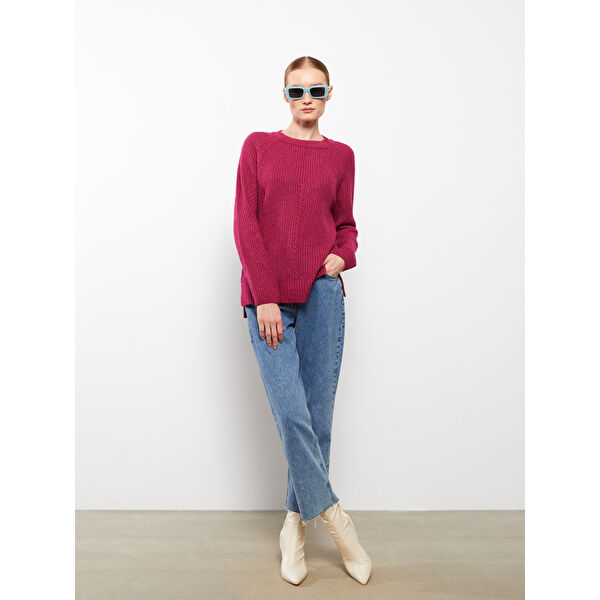 Bisiklet Yaka Kendinden Desenli Uzun Kollu Kadın Triko Kazak