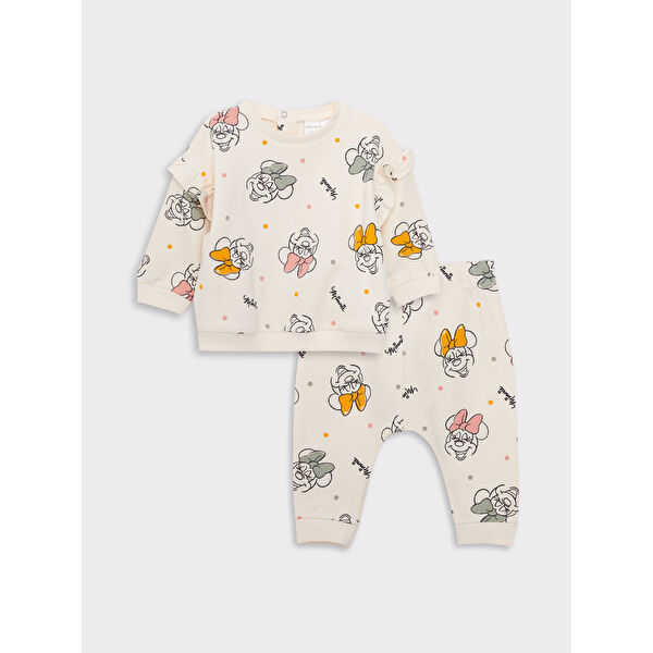 Bisiklet Yaka Uzun Kollu Minnie Mouse Baskılı Kız Bebek Sweatshirt ve Pantolon 2'li Takım