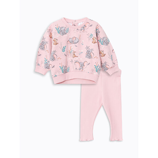 Bisiklet Yaka Uzun Kollu Dumbo Baskılı Kız Bebek Sweatshirt ve Tayt 2'li Takım