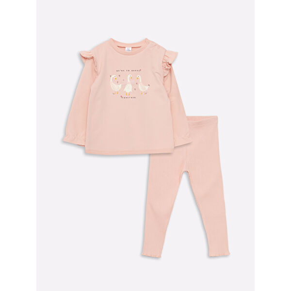 Bisiklet Yaka Uzun Kollu Baskılı Kız Bebek Tişört ve Tayt 2'li Takım