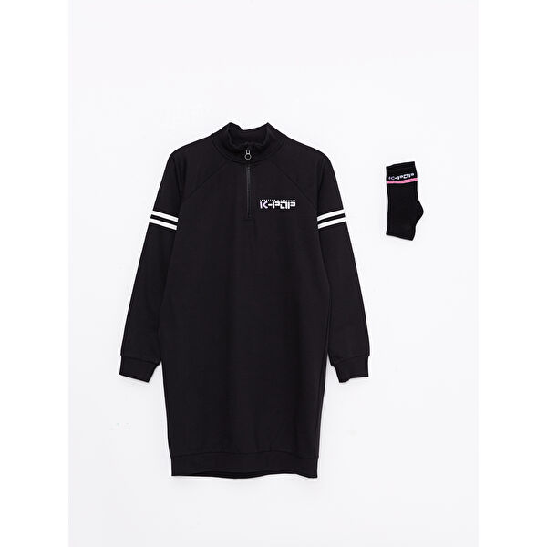 Dik Yaka K-Pop Baskılı Uzun Kollu Kız Çocuk Elbise ve Diz Altı Çorap