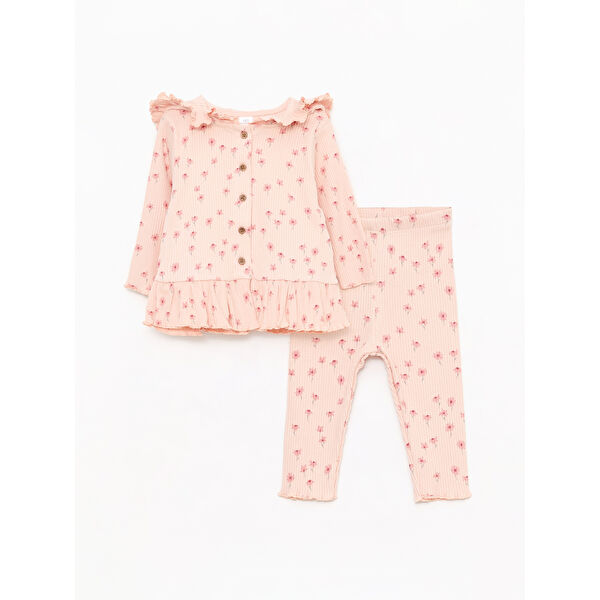 Kapüşonlu Uzun Kollu Baskılı Pamuklu Kız Bebek Hırka ve Tayt 2'li Takım Kapüşonlu Uzun Kollu Baskılı Pamuklu Kız Bebek Hırka ve Tayt 2'li Takım