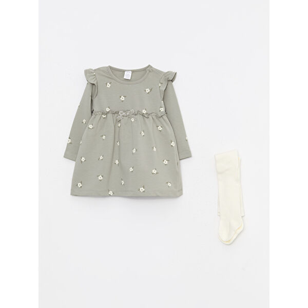 Bisiklet Yaka Uzun Kollu Baskılı Kız Bebek Elbise ve Külotlu Çorap 2'li Takım