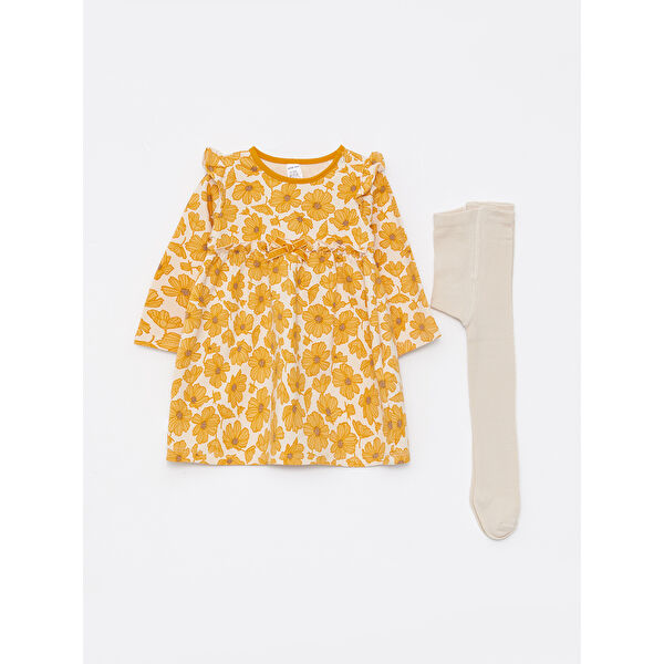 Bisiklet Yaka Uzun Kollu Baskılı Kız Bebek Elbise ve Külotlu Çorap 2'li Takım