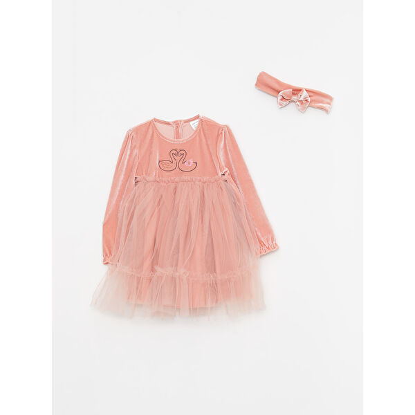 Bisiklet Yaka Uzun Kollu Baskılı Kız Bebek Elbise ve Saç Bandı 2'li Takım