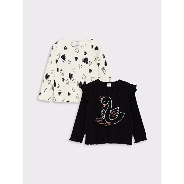 Bisiklet Yaka Uzun Kollu Baskılı Pamuklu Kız Bebek Sweatshirt 2'li