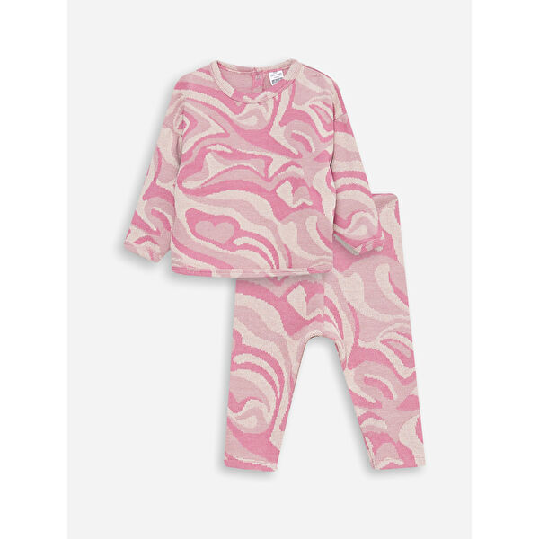 Bisiklet Yaka Uzun Kollu Baskılı Kız Bebek Triko Kazak ve Pantolon 2'li Takım