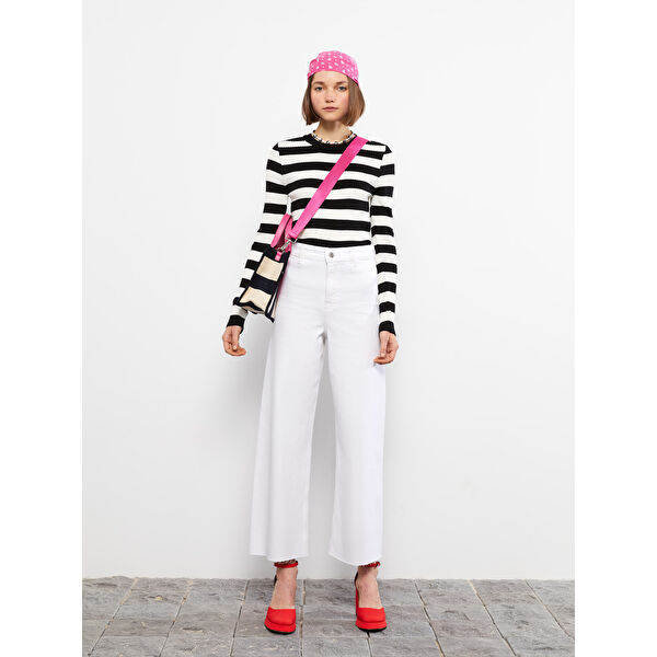 Bisiklet Yaka Çizgili Uzun Kollu Kadın Triko Kazak