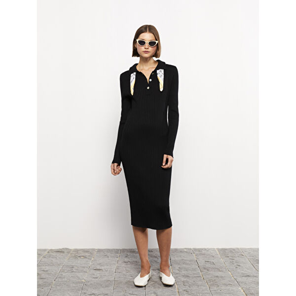 Polo Yaka Düz Uzun Kollu Kadın Triko Elbise Polo Yaka Düz Uzun Kollu Kadın Triko Elbise