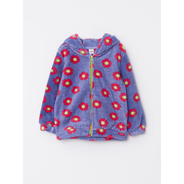 Kapüşonlu Desenli Uzun Kollu Pelüş Kız Çocuk Fermuarlı Sweatshirt Kapüşonlu Desenli Uzun Kollu Pelüş Kız Çocuk Fermuarlı Sweatshirt