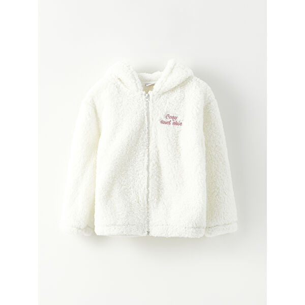 Kapüşonlu Nakışlı Uzun Kollu Pelüş Kız Çocuk Fermuarlı Sweatshirt