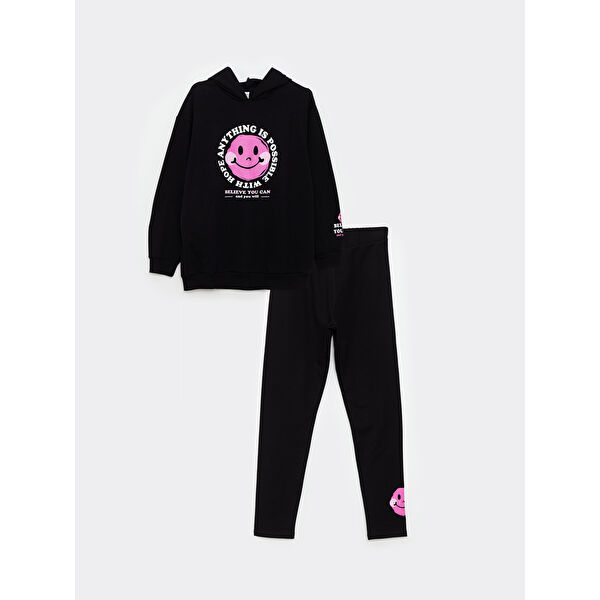 Kapüşonlu Baskılı Uzun Kollu Kız Çocuk Sweatshirt ve Tayt