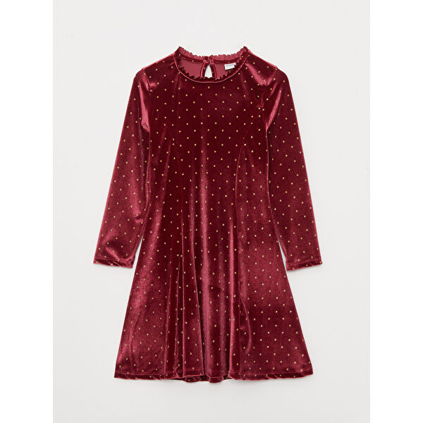 Bisiklet Yaka Puantiyeli Uzun Kollu Kadife Kız Çocuk Elbise