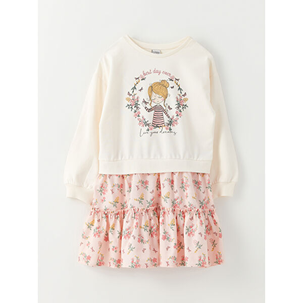 Bisiklet Yaka Baskılı Uzun Kollu Kız Çocuk Elbise