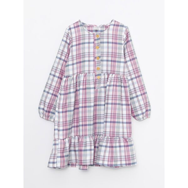 Bisiklet Yaka Ekose Uzun Kollu Kız Çocuk Elbise