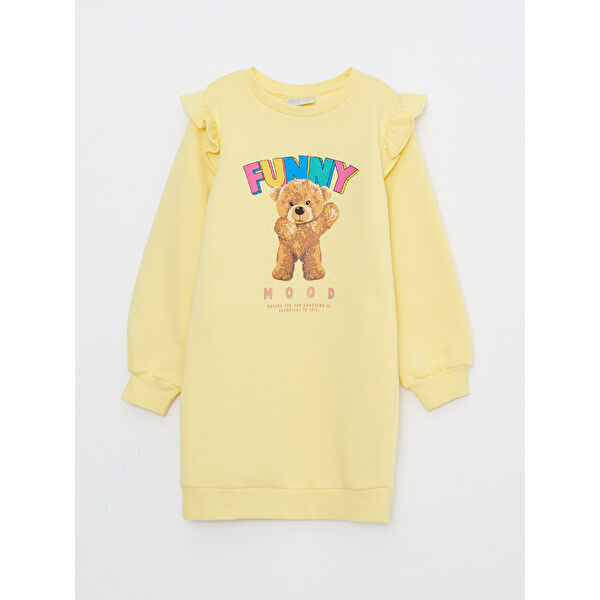 Bisiklet Yaka Baskılı Uzun Kollu Kız Çocuk Elbise