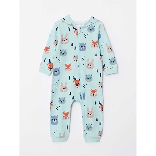 Kapüşonlu Uzun Kollu Baskılı Erkek Bebek Tulum