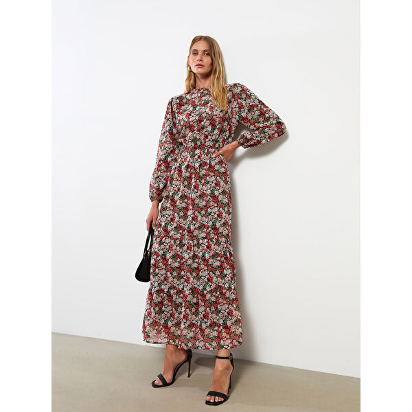 Fırfırlı Dik Yaka Desenli Uzun Kollu Şifon Kadın Elbise