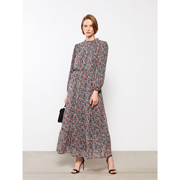 Fırfırlı Dik Yaka Desenli Uzun Kollu Şifon Kadın Elbise