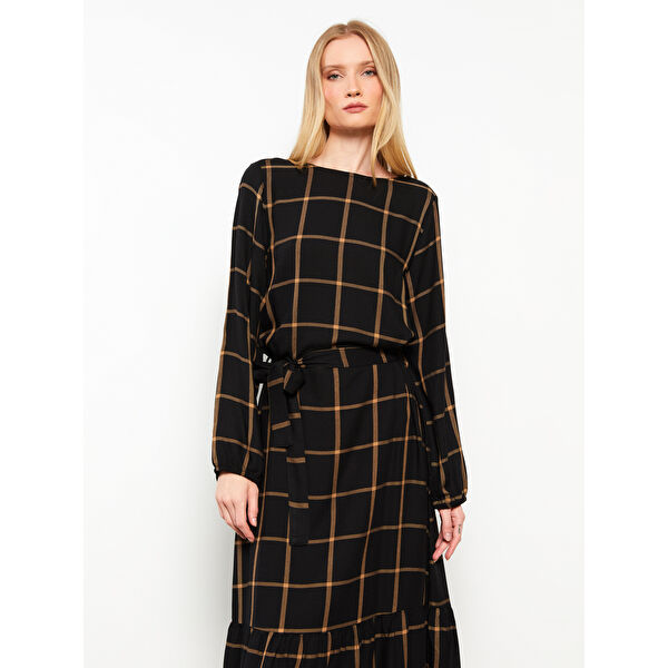 Bisiklet Yaka Ekose Uzun Kollu Gabardin Kadın Elbise