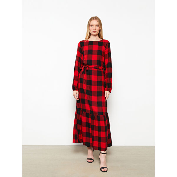 Bisiklet Yaka Ekose Uzun Kollu Gabardin Kadın Elbise