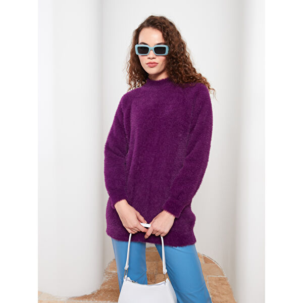 Dik Yaka Düz Uzun Kollu Oversize Kadın Triko Tunik