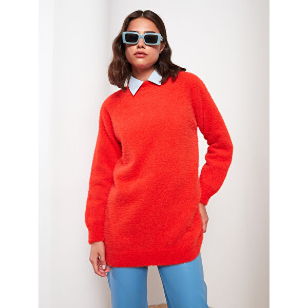 Dik Yaka Düz Uzun Kollu Oversize Kadın Triko Tunik