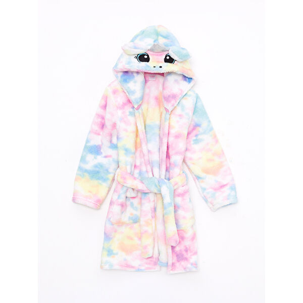 Kapüşonlu Nakışlı Uzun Kollu Pelüş Kız Çocuk Sabahlık