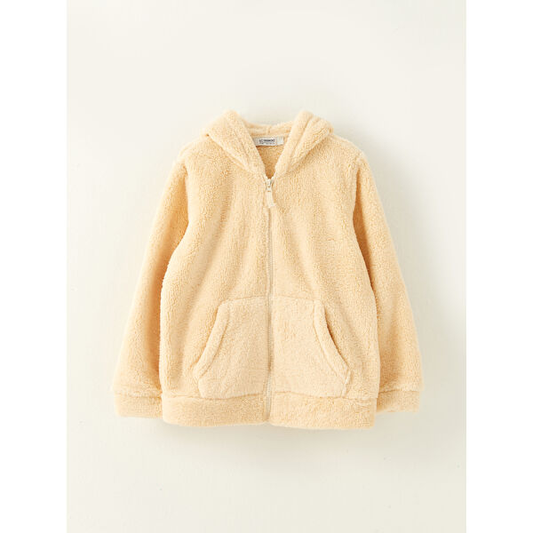 Kapüşonlu Basic Uzun Kollu Pelüş Kız Çocuk Fermuarlı Sweatshirt