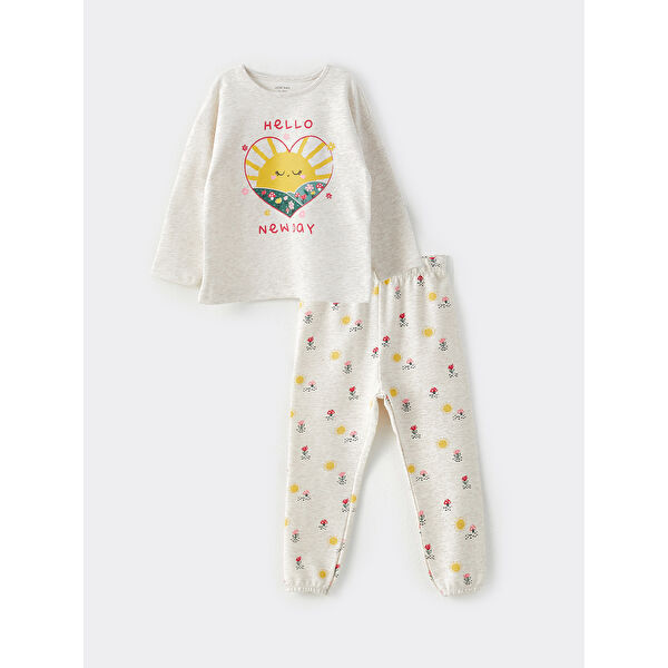 Bisiklet Yaka Uzun Kollu Baskılı Pamuklu Kız Bebek Pijama Takımı 2'li